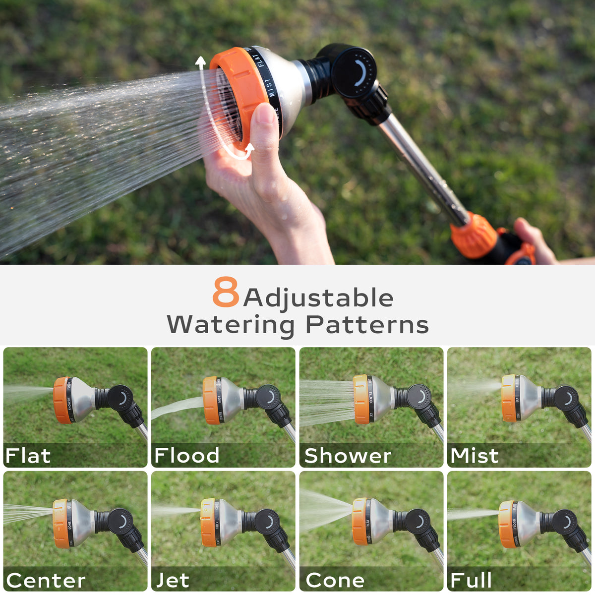 Watering Wand Heavy Duty, Metal Garden Hose Wand with 8 Spray Patterns ...